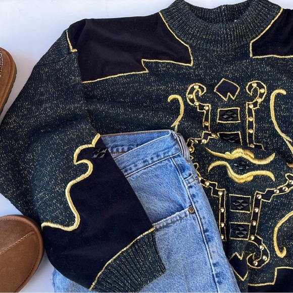 Sweaters | Insane 8s Black And Gold Embellished Knit Oversized Sweater ...